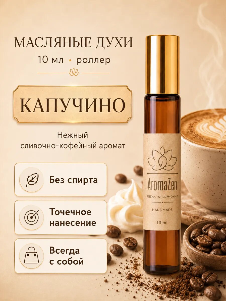 Масляные духи роллер "Капучино", женские, без спирта, шариковые, 10 мл