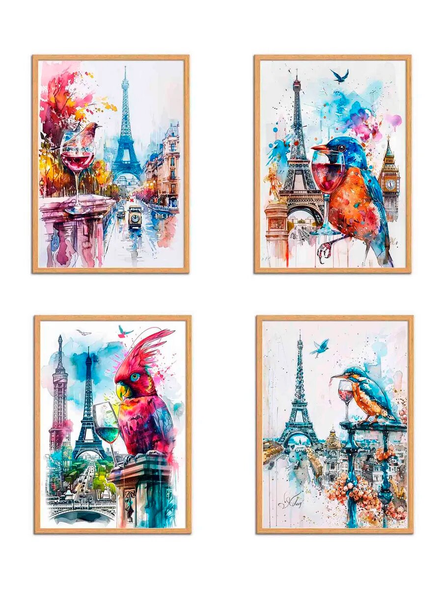 Птица сойка Пьет Вино, 4 Плаката, 30x21см