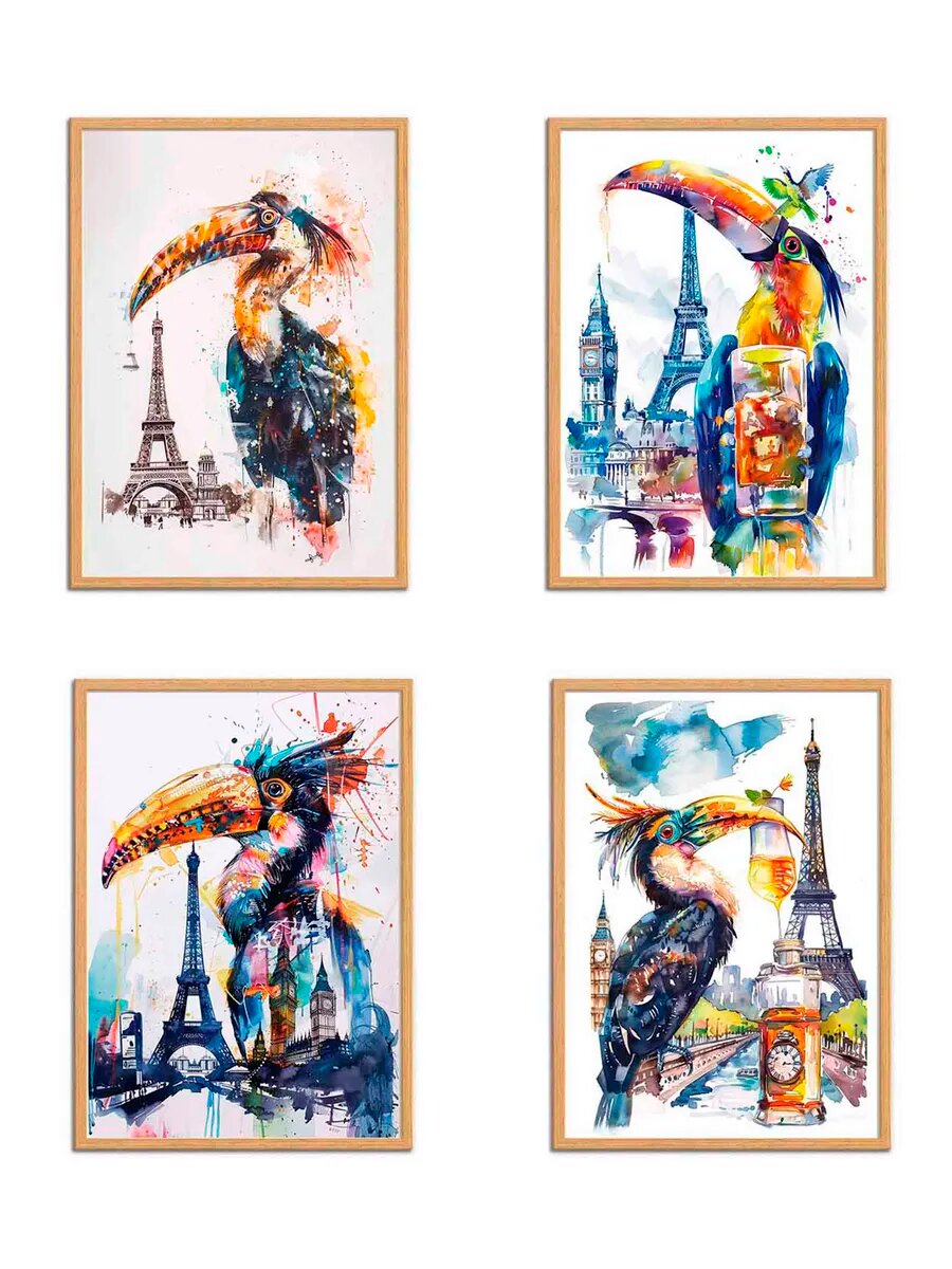 Птица носорог Пьет Виски, 4 Плаката, 30x21см