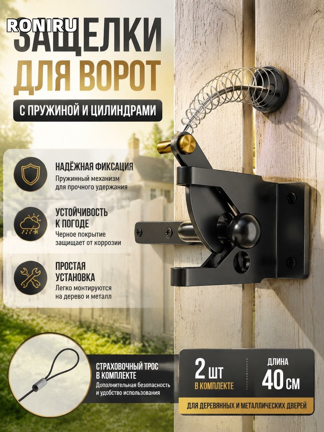 Защелки для ворот с пружиной и цилиндрами, 2 шт, длина 40 см, черное покрытие, для деревянных/металлических дверей