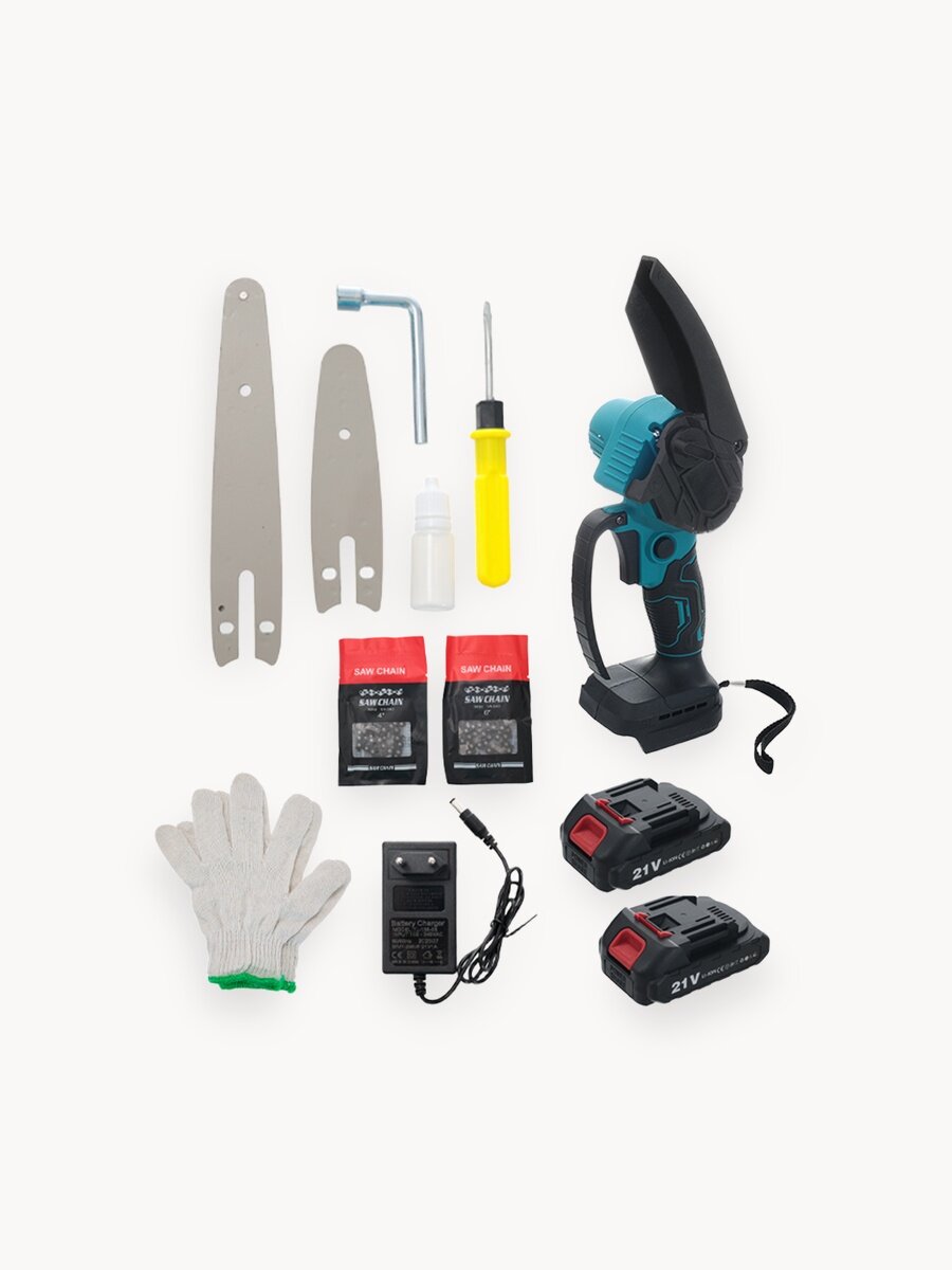 Пила аккумуляторная цепная садовая мини сучкорез электропила электрическая (4 + 6 дюймов, 2 цепи, 2 батареи 1500mah)