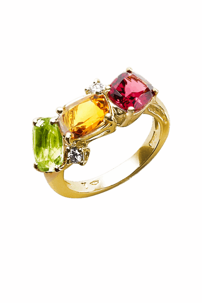 Кольцо, белое, желтое золото, 750 проба, перидот, бриллиант, родолит, цитрин