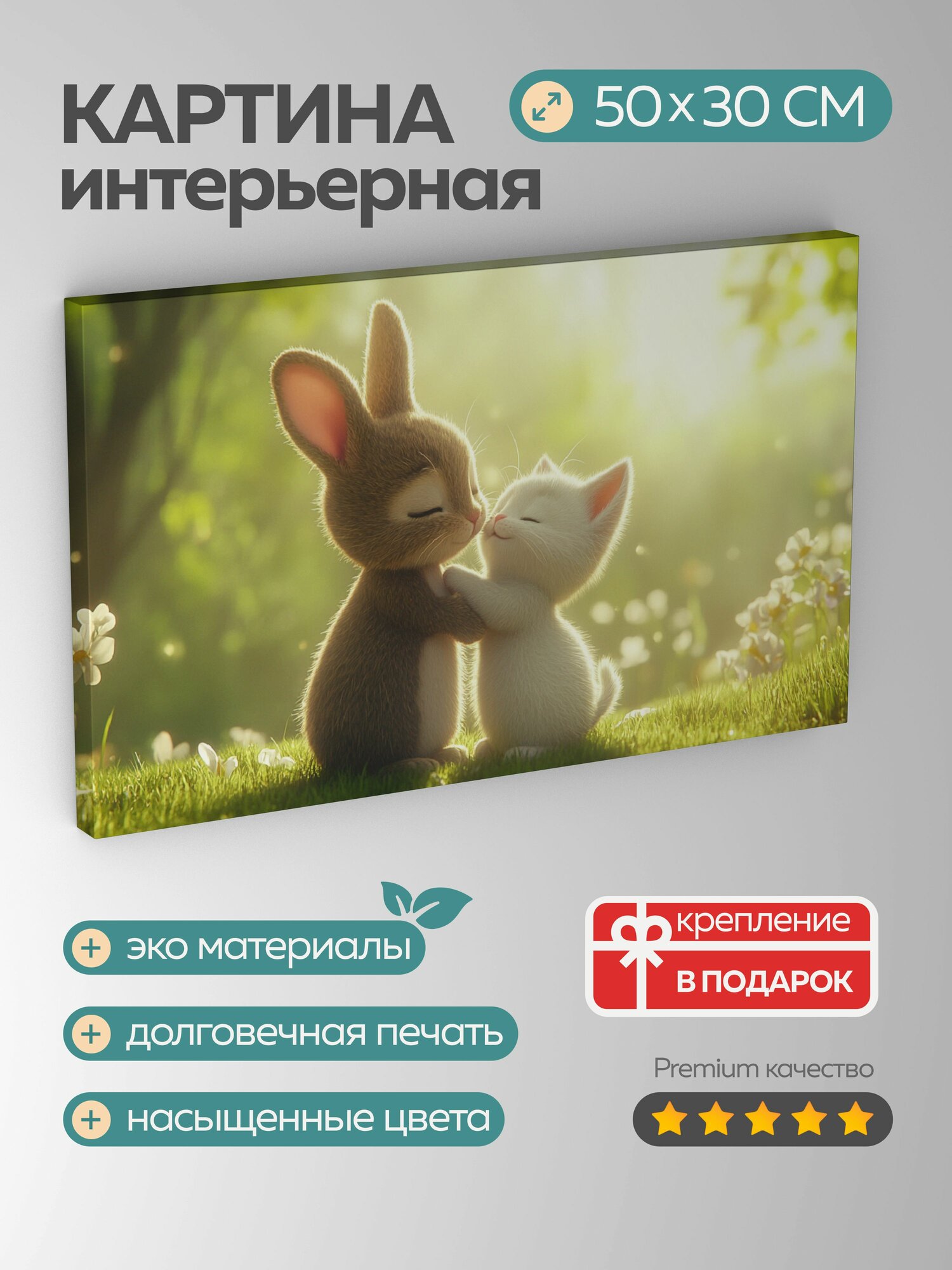 Картина на холсте интерьерная 50х30 см, анимация, Дисней-Пиксар, кролик, котенок, дружба, нежные чувства, уютный луг