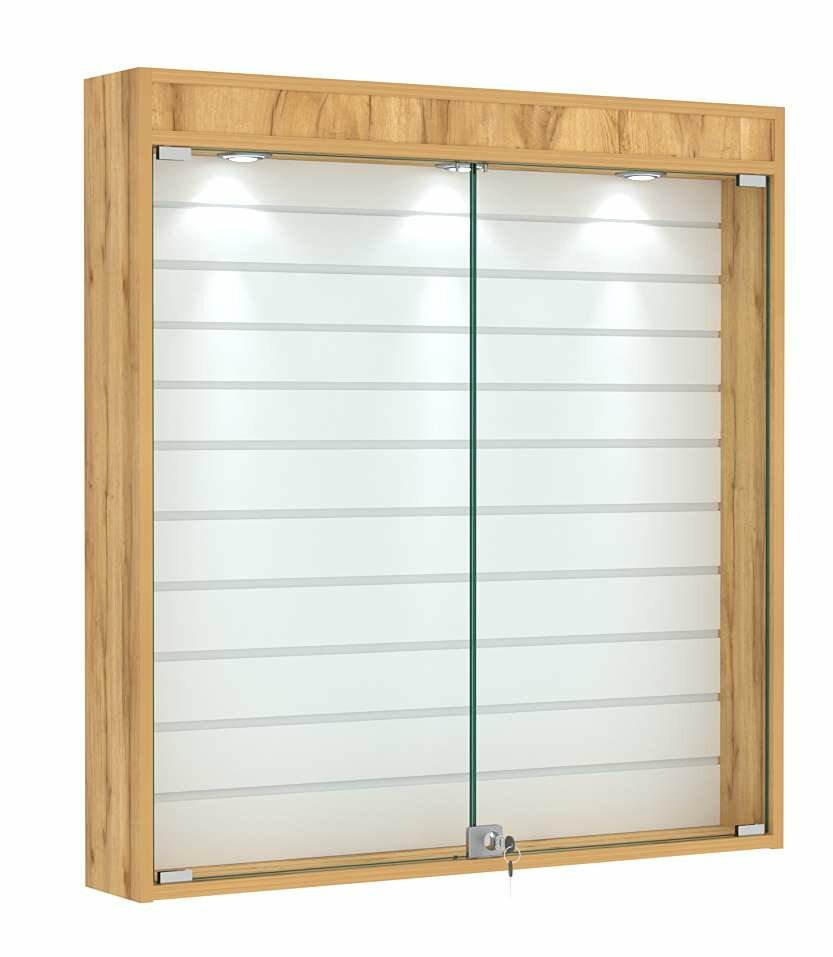 Витрина настенная №4-2Б закрытая с экономпанелью и фризом, Дуб Золотистый Без полок.