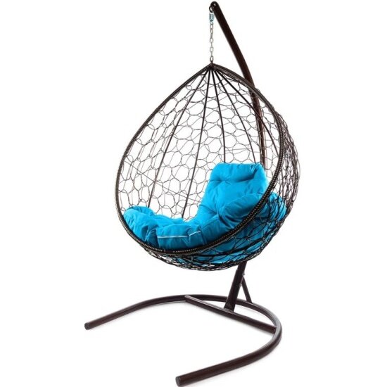 Подвесное кресло кокон M-group Капля с ротангом черное+голубая подушка