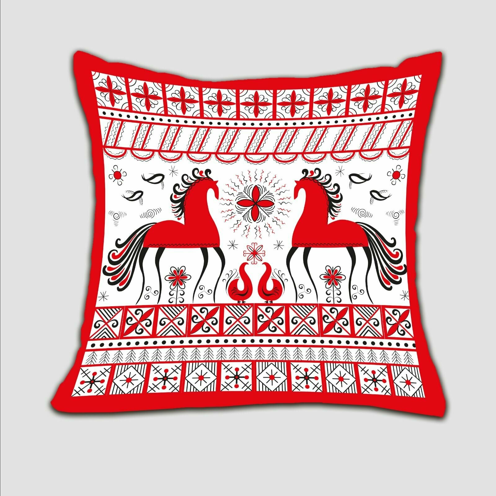 Декоративная подушка для сада и улицы Узор красные кони 45х45 Оксфорд 600D подарок, новый год, рождество