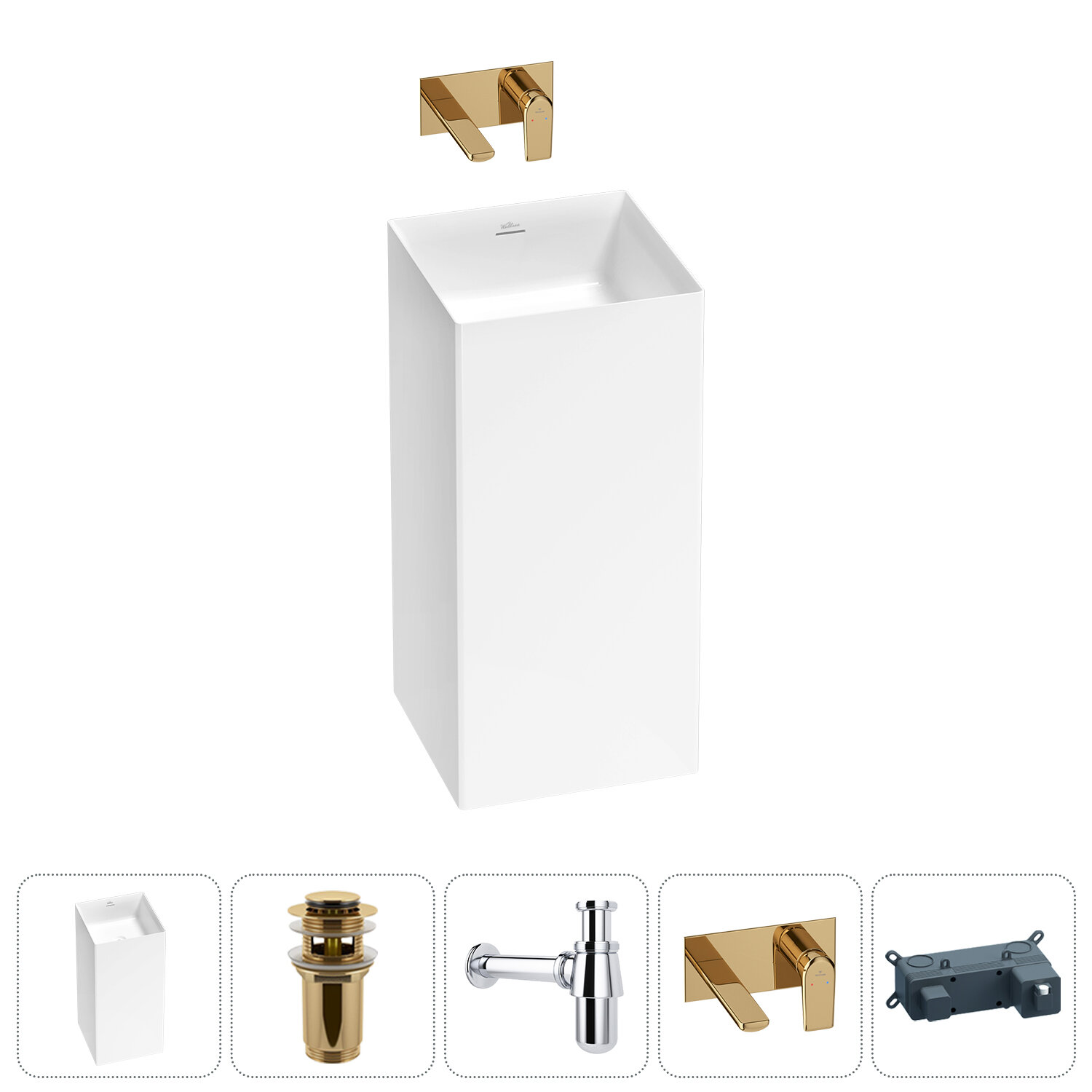 Квадратная напольная раковина для ванной Wellsee Pure BY Wellsee 20213224R в наборе 4 в 1: напольная отдельностоящая раковина моноблок в цвете белый глянец, донный клапан, сифон, смеситель (цвет золото)