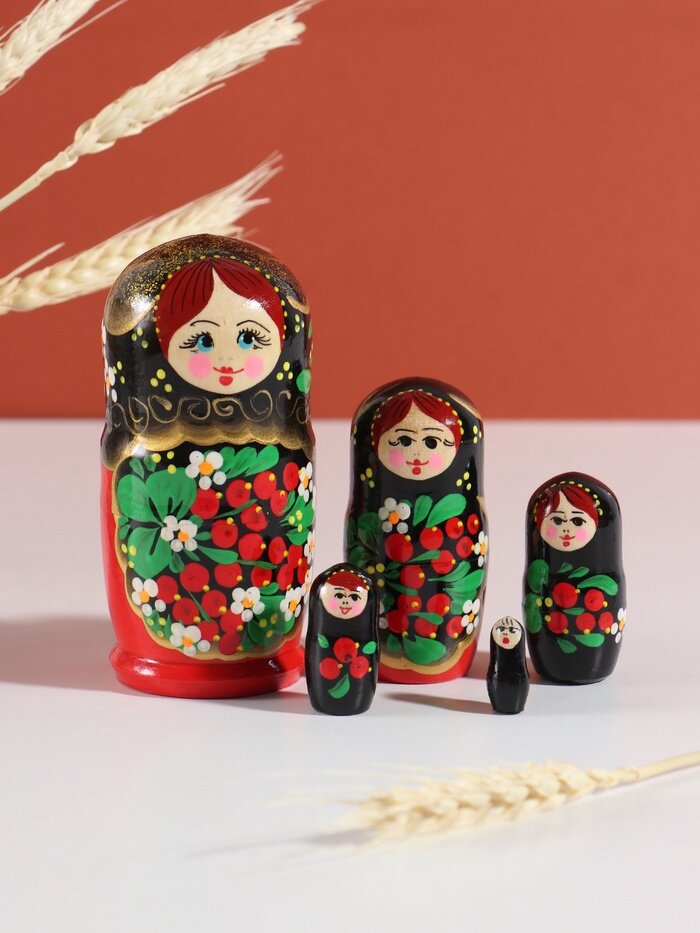 Матрёшка дерево «Хохлома», чёрная голова, 5-кукольная, 11-12 см