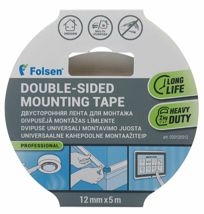 Клейкая лента двусторонняя Folsen Heavy Duty 12 мм х 5 м усиленная