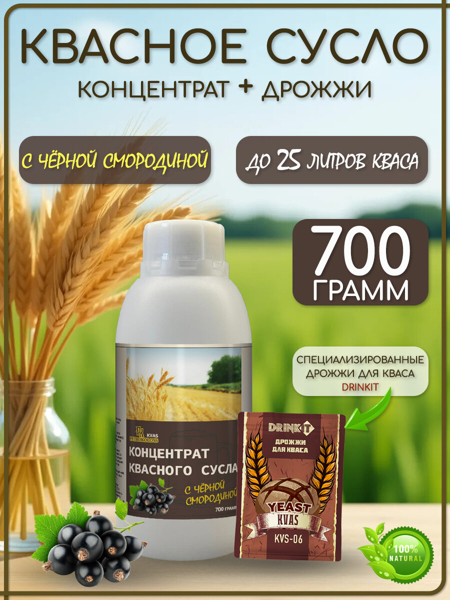 Квасное сусло концентрат с чёрной смородиной 700 грамм Petrokoloss + Дрожжи для кваса Drinkit Kvas 10 грамм 1 штука
