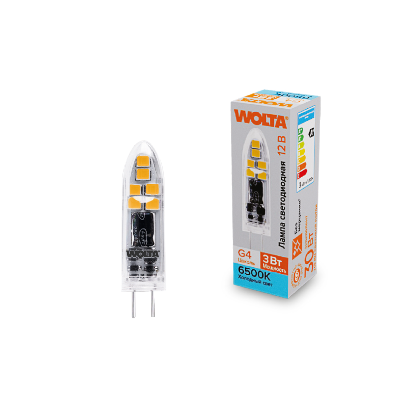 Лампа светодиодная 3W WSTD-JC-12V3W6KG4-P G4 6500К холод БЕЛ капсульная 240ЛМ ВЫС 45ММ пласт WOLTA