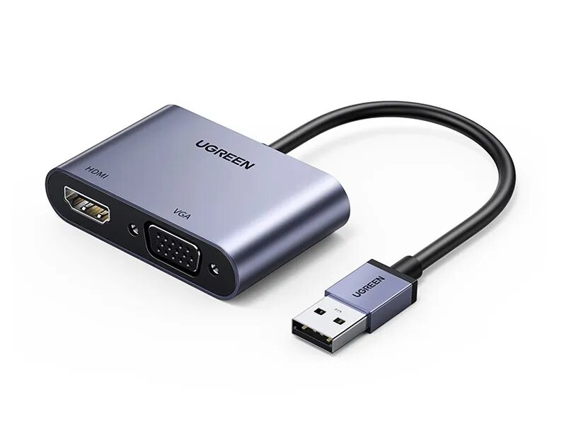 Переходник аудио-видео UGREEN CM449, USB Type-A (m) - HDMI (f), VGA, ver 1.3, 0.1м, серый (20518)
