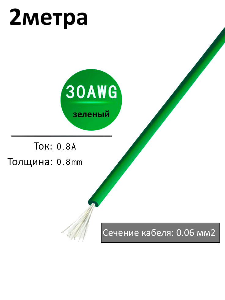 Провод электрический 30AWG, 0.06 кв. мм зеленый многожильный 2м.