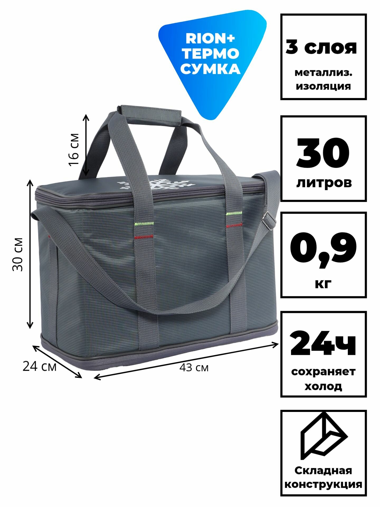 Термосумка холодильник / изотермическая сумка Рион+ (RION+), до 24 часов, 30 литров, серый
