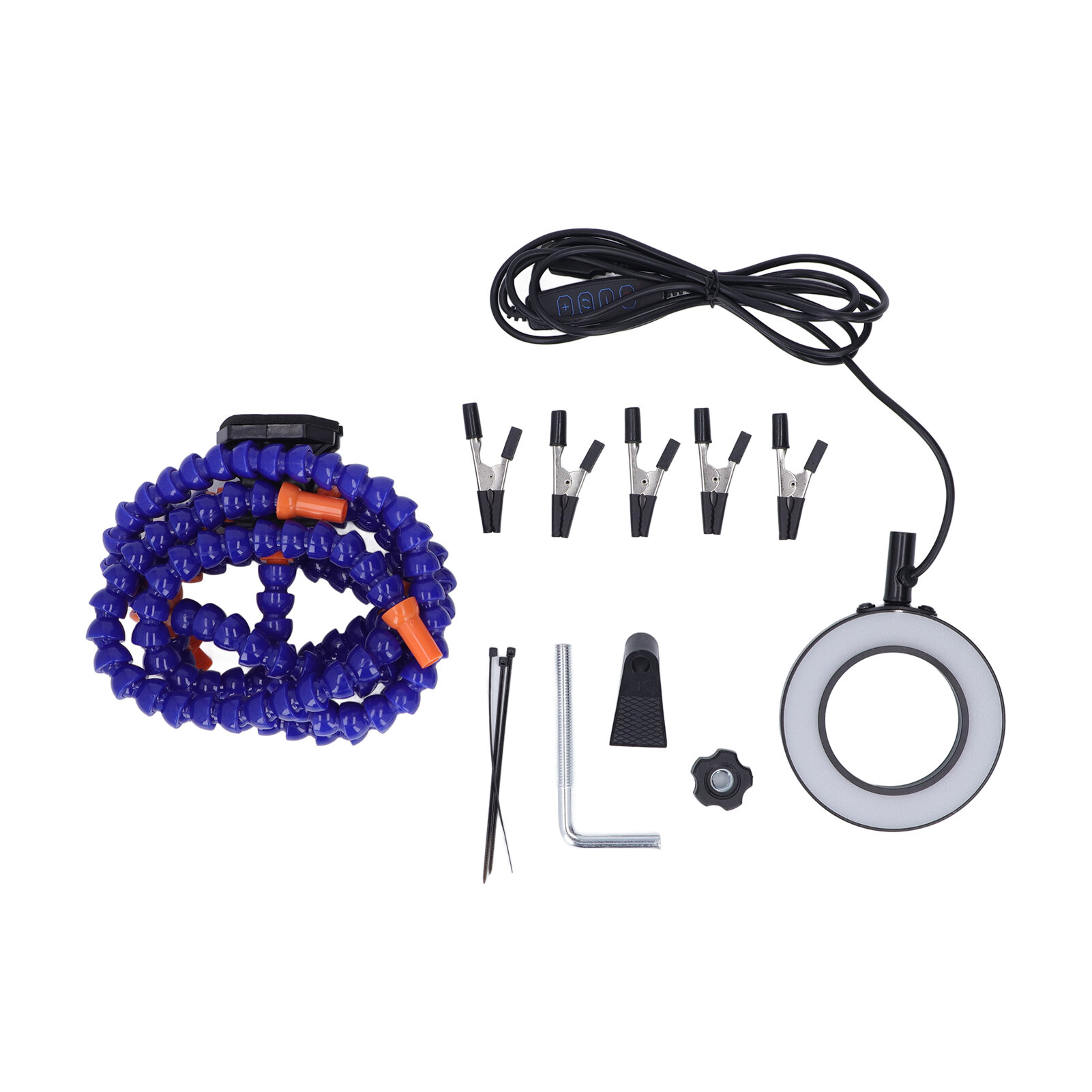 Паяльная станция с 5 зажимами, 3-кратным USB-увеличителем, гибкими кронштейнами из ABS-пластика и подсветкой, синяя.