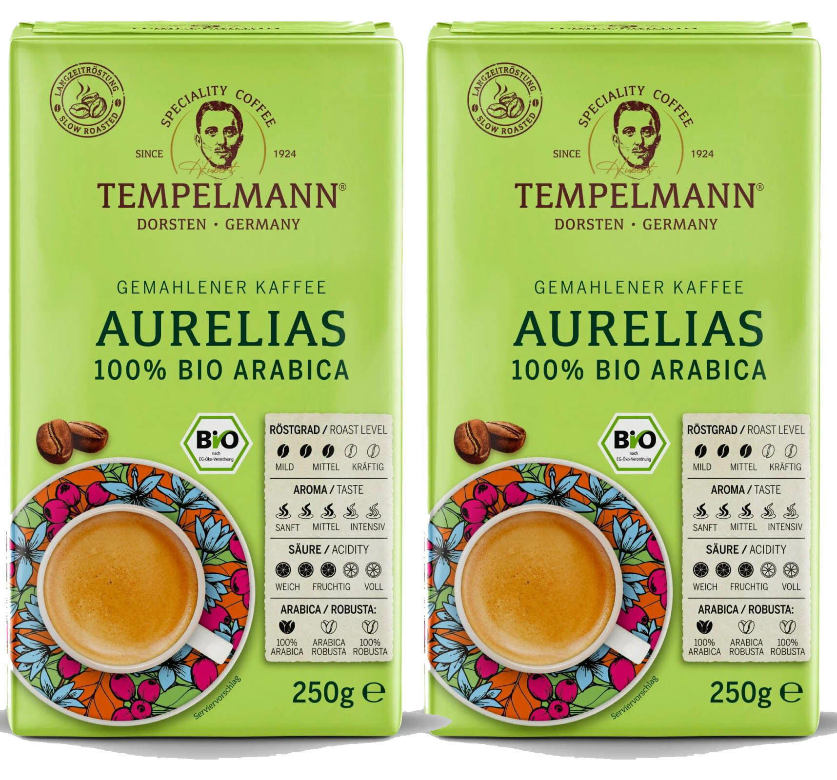 Кофе молотый Tempelmann AURELIAS 100% BIO Arabica (Германия) 250 гр. х 2 шт.