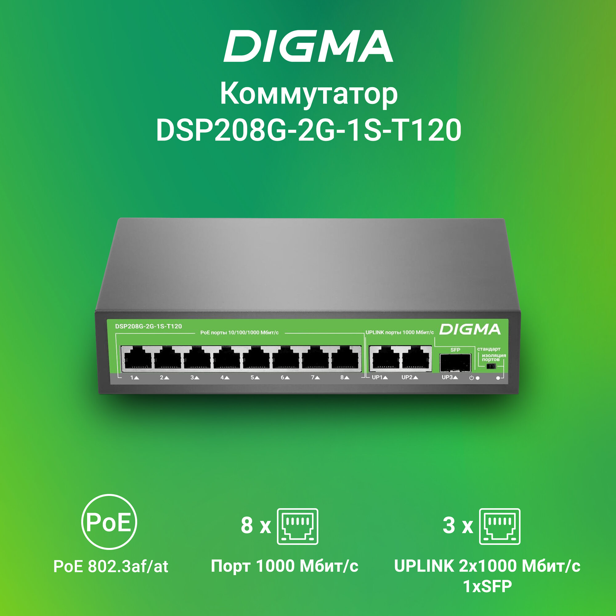 Коммутатор Digma DSP208G-2G-1S-T120, 8 портов PoE, PoE бюджет 120 Вт, неуправляемый