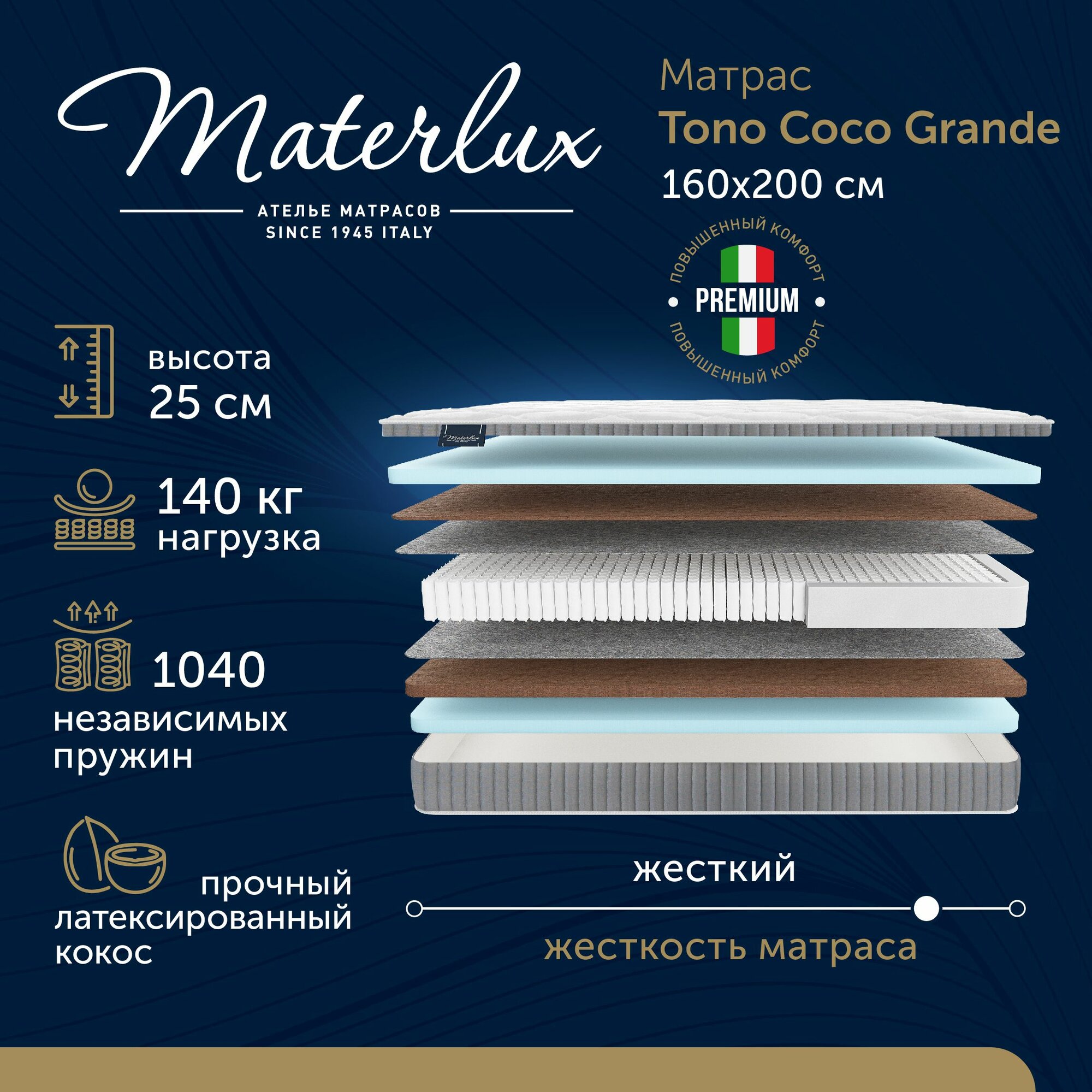 Матрас Materlux Tono Coco Grande, Независимые пружины, 160х200 см, жесткий