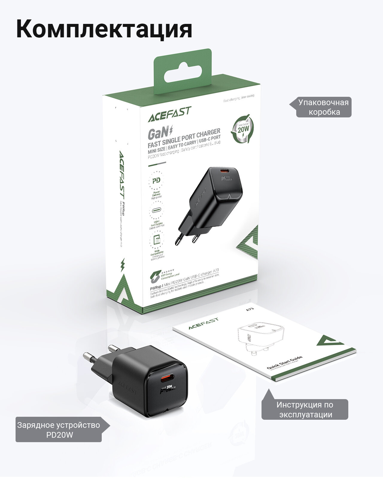 ACEFAST Сетевое зарядное устройство A73 MINI PD20W GAN USB-C