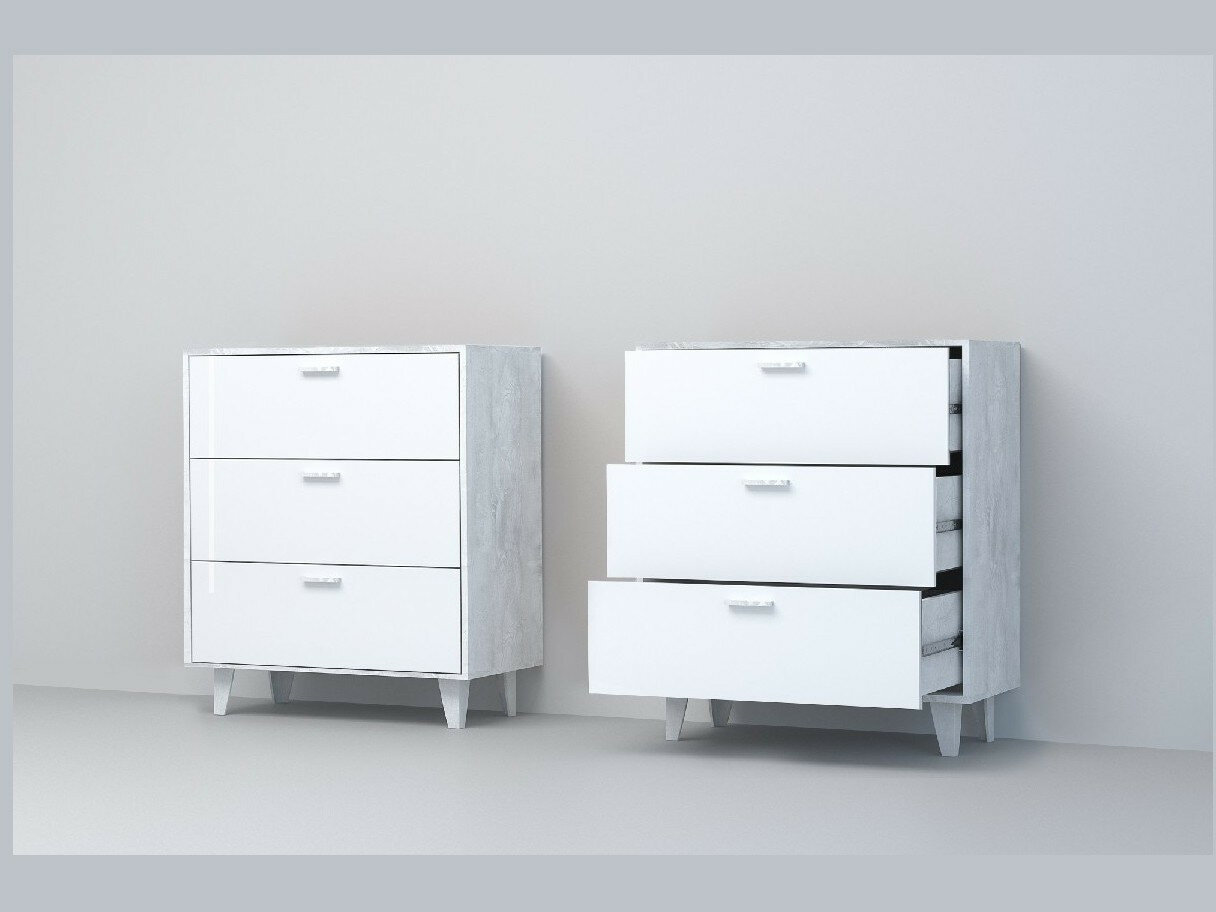 Комод К-3 НГ, в скандинавском стиле, Глянец Белый/Бетон Светлый