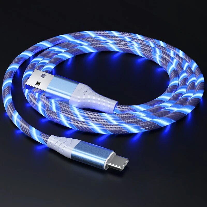 Шнур для быстрой зарядки данных, светящийся USB-кабель типа C, 5 А, кабель для быстрой зарядки, светящийся светодиодный кабель для Samsung Xiaomi Poco Redmi 2m For Type C, Blue