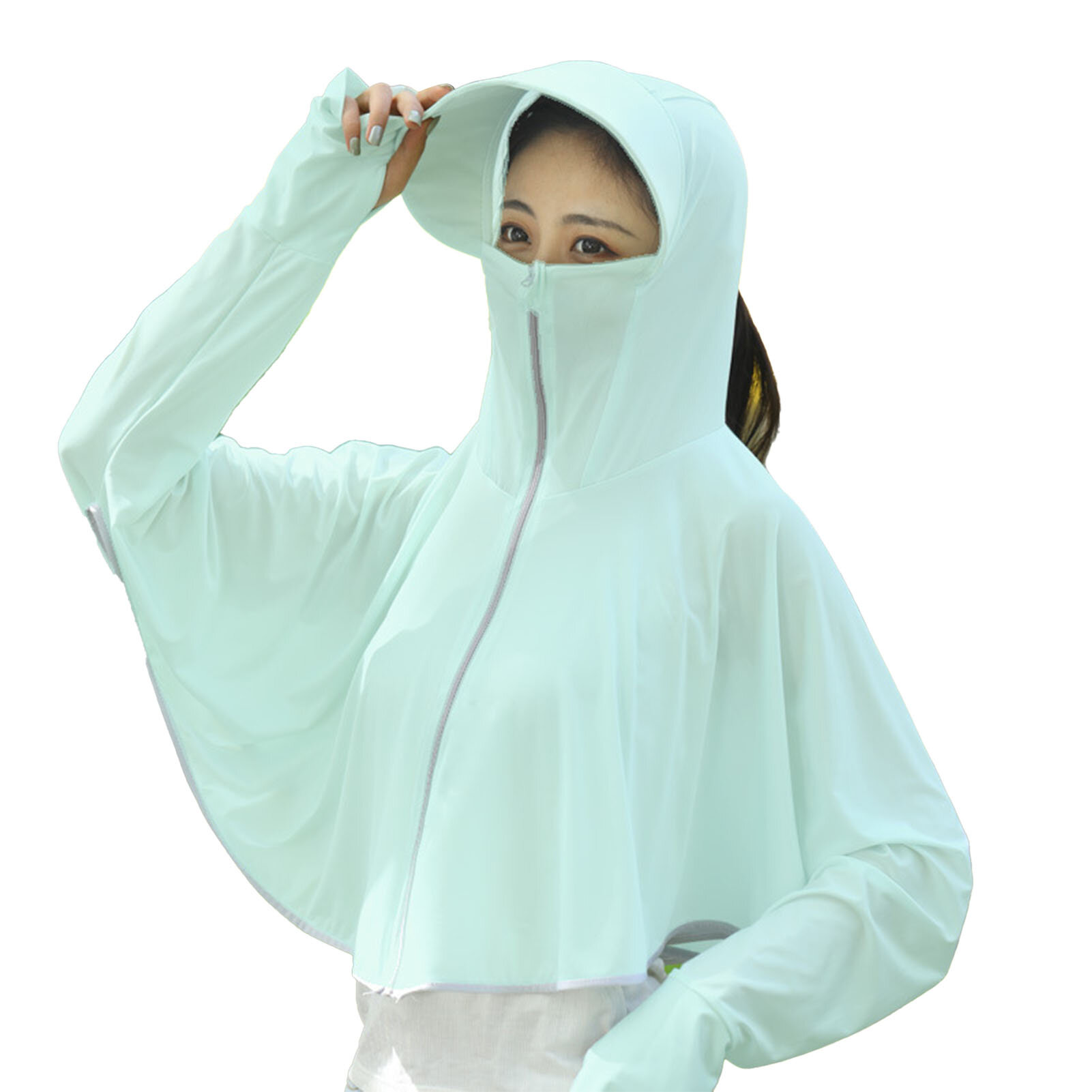Женская солнцезащитная одежда Ice Silk, солнцезащитная куртка с капюшоном на молнии с длинным рукавом, шаль, размер L, взрослая, 40–70 кг, светло-зеленая