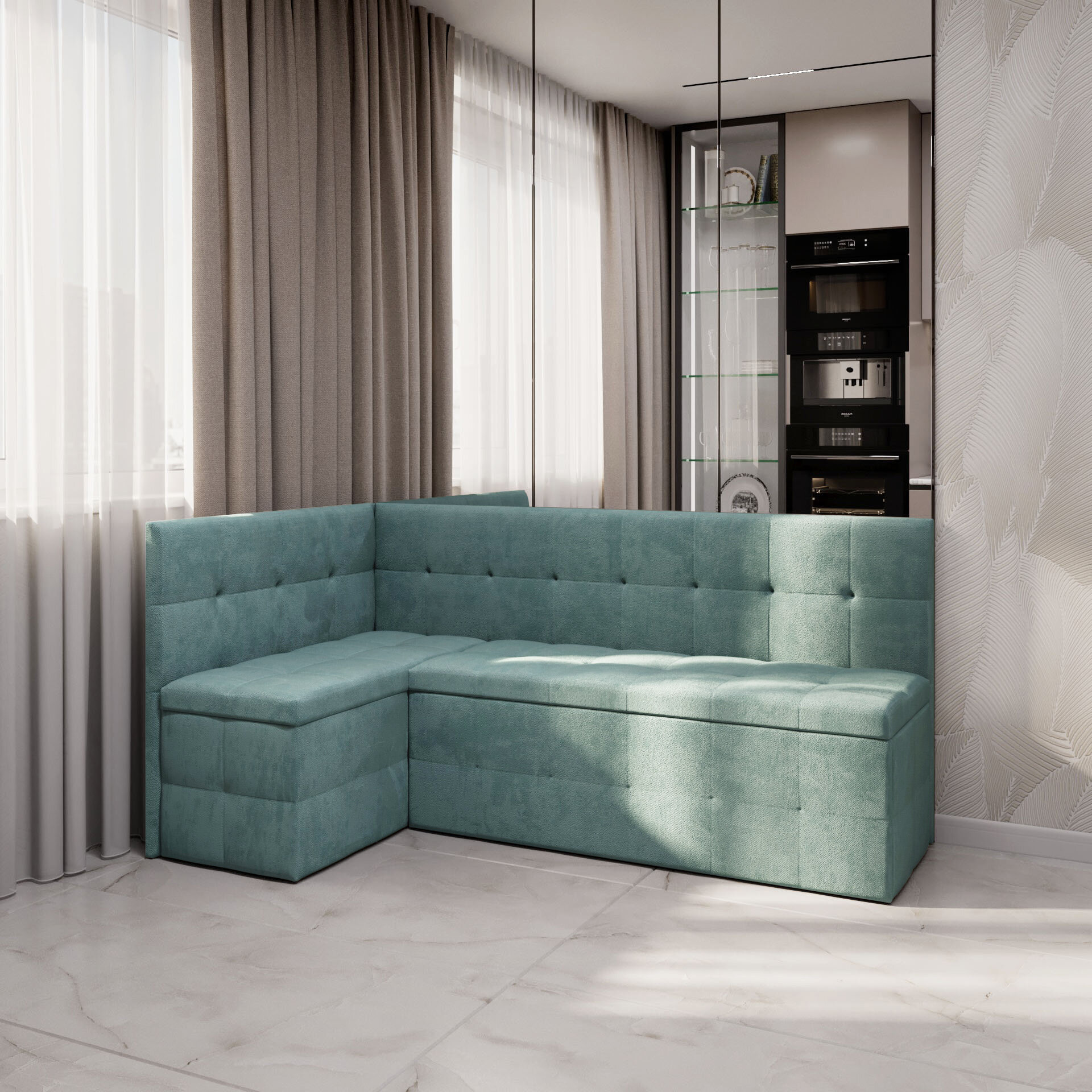 Диван кухонный угловой "Домино" D@E Factory со спальным местом, велюр Дакота минт, угол универсальный