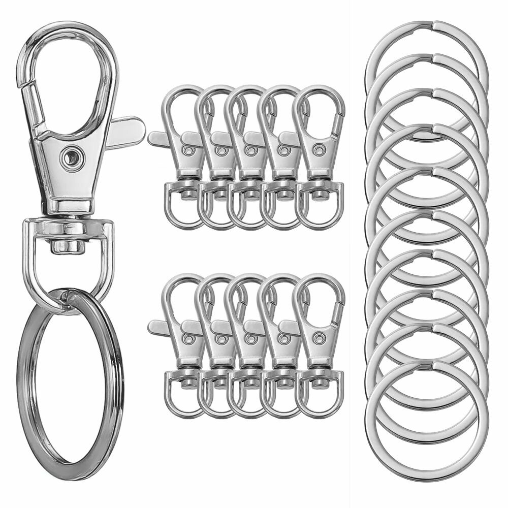 Карабин застежка для ключей 38 мм и кольца для ключей 25 мм, 20 шт в наборе, родий, фурнитура для брелков, сумок, DIY бижутерии, прочный металлический карабин-клипса