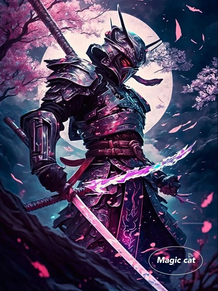 Картина из алмазной мозаики на подрамнике Круглые бриллианты 40х50см "Японский самурай с призрачным лицом"