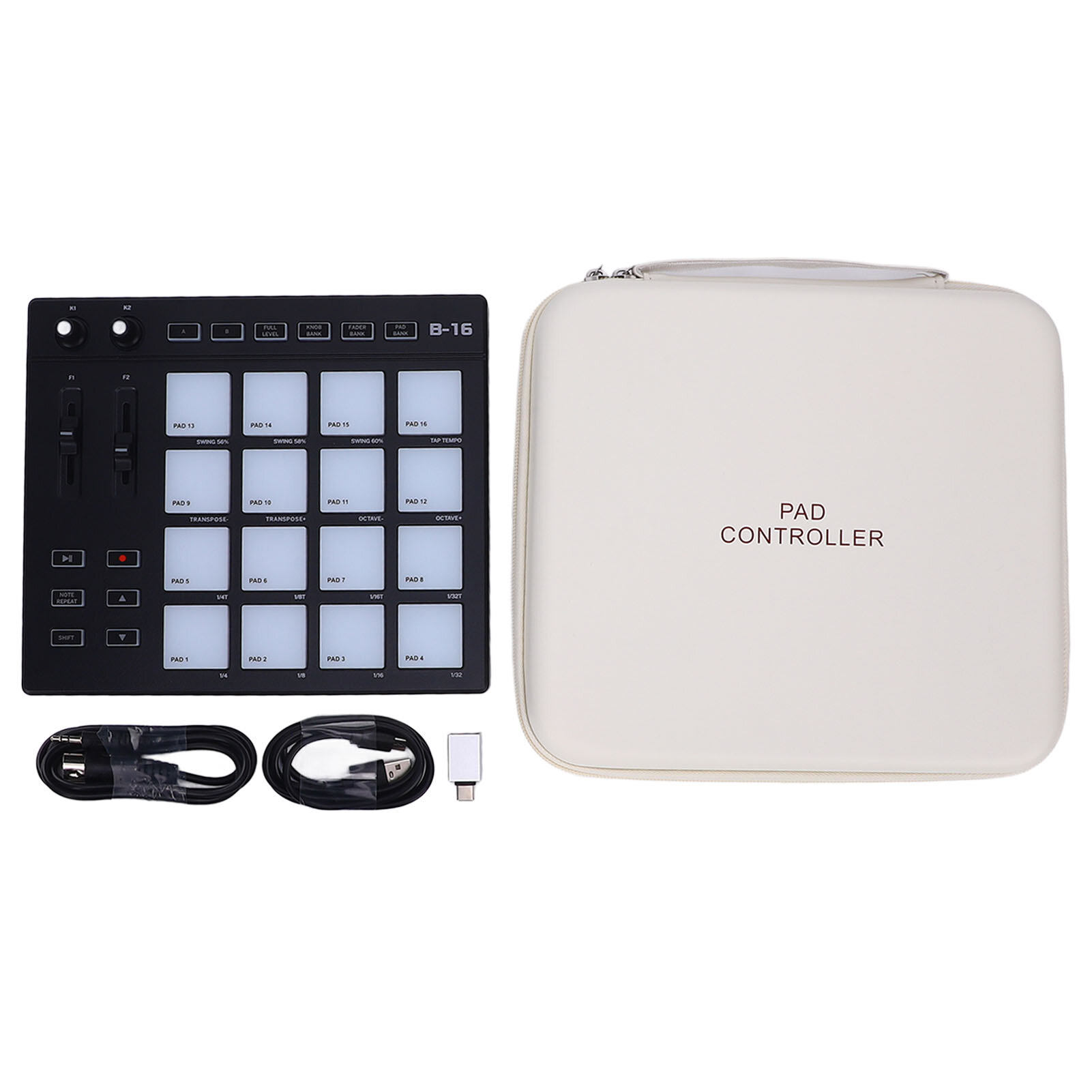 MIDI-контроллерс16пэдамидляударных,2назначаемымифейдерами, RGB-подсветкой, портативныйпаддлясозданиямузыки.
