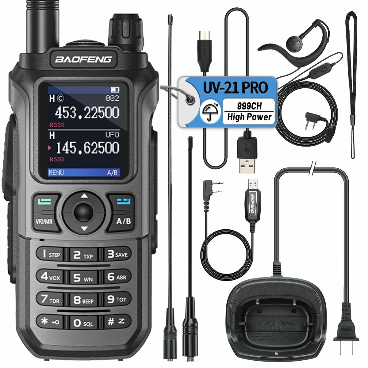 Baofeng UV-21 Pro Беспроводная копируемая частота, трехдиапазонная 999CH Водонепроницаемая рация TYPE C 16 км Long Range UV-5R 17 Harm Radio -hz