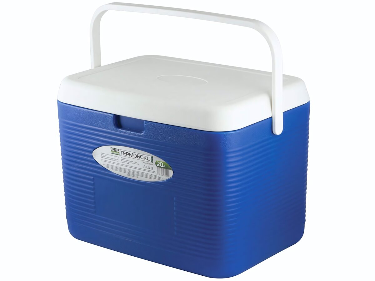 Термобокс 20л с сохранением холода 24 часа, синий с белой крышкой, пластик, вмещает 30 банок