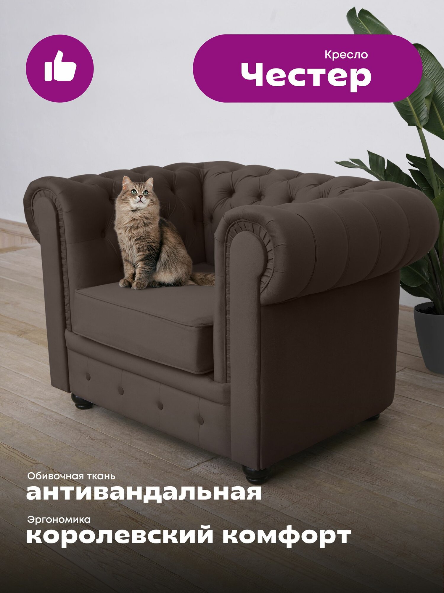 Мягкое кресло для отдыха в гостиную "Честер", антивандальная ткань коричневый Teddy 727