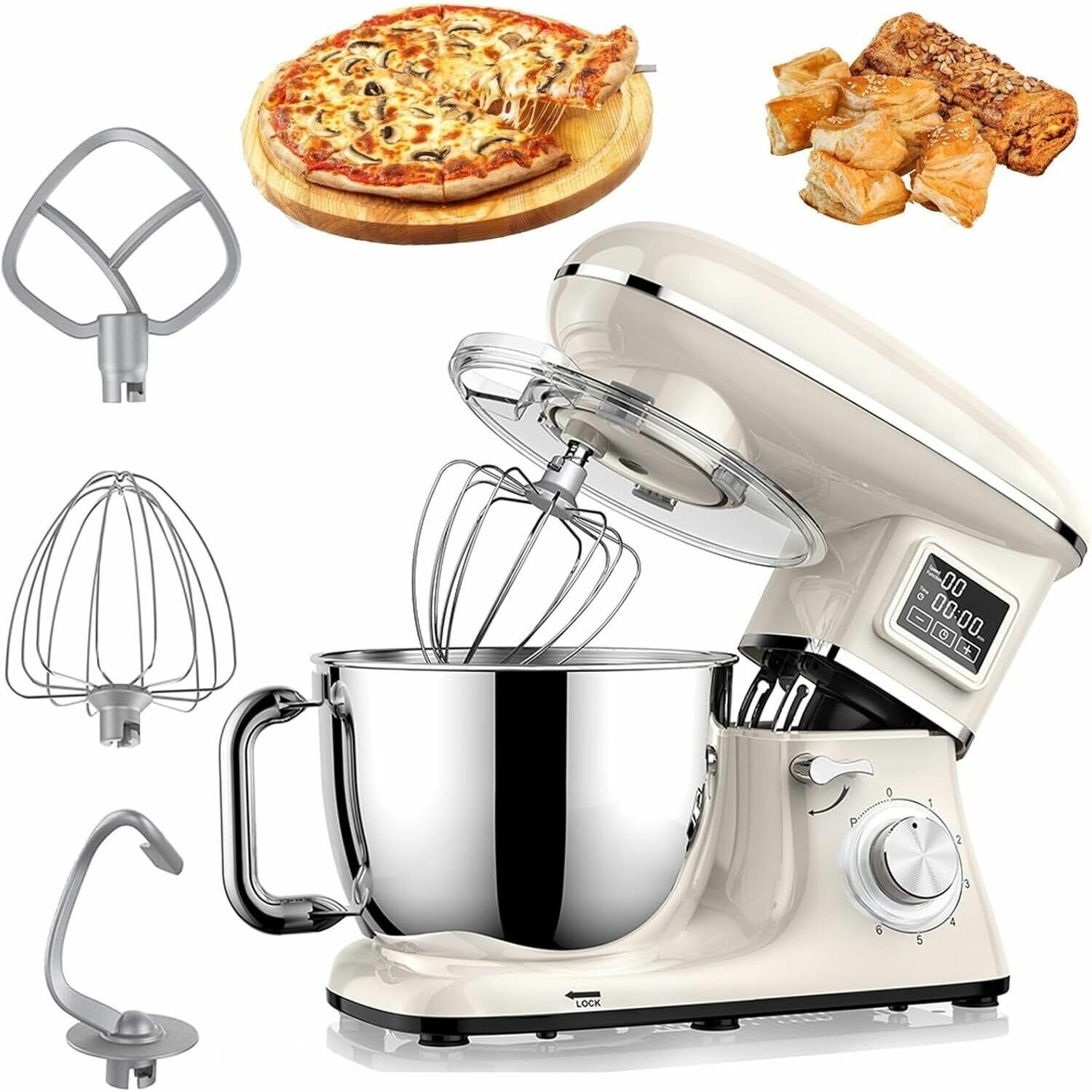 Настольный миксер 6,2 л, электрический тестомес, 1500 Вт, ферментационные мешалки с LED-дисплеем, съемная миска для смешивания, 6 регулируемых скоростей и наклонная головка для кофейни