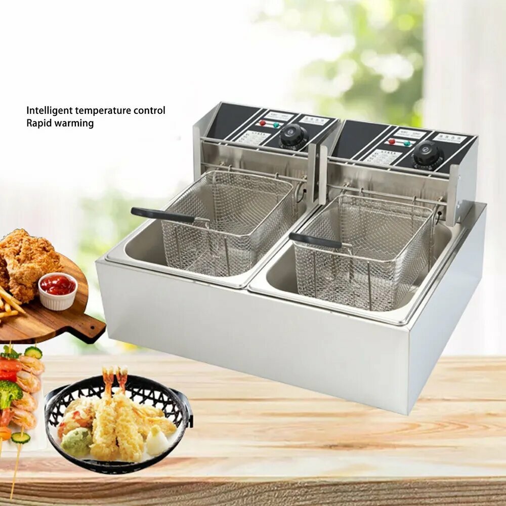 Кухонный фритюр, с двумя резервуарами по 6 литров, изготовленный из нержавеющей стали, серебристо - серого цвета.