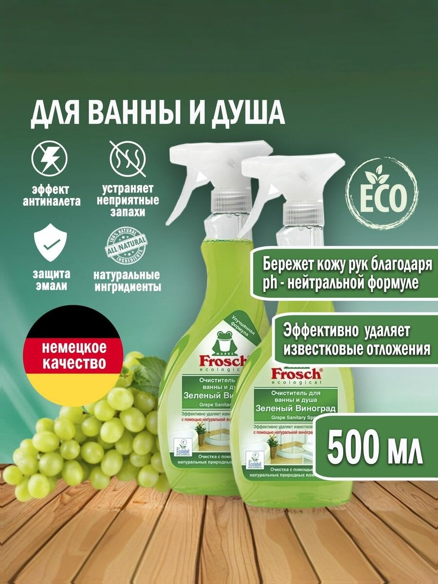 Очиститель для ванны Frosch "Зелёный виноград", антибактериальный, без фосфатов и формальдегида