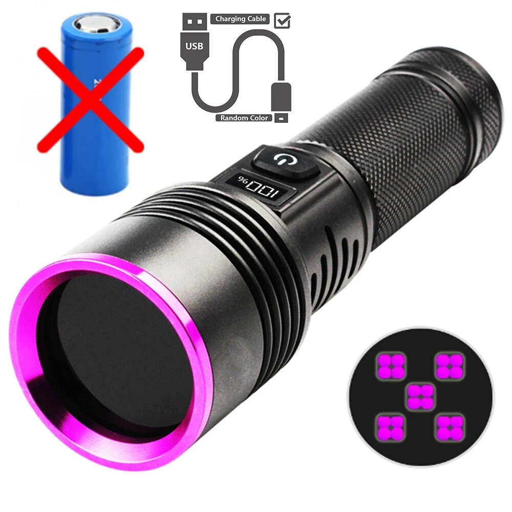 Мощный УФ-фонарик 365 нм, высокая мощность, черное зеркало, фиолетовый свет, фонарик для обнаружения, Type-C, USB перезаряжаемая светодиодная ультрафиолетовая лампа