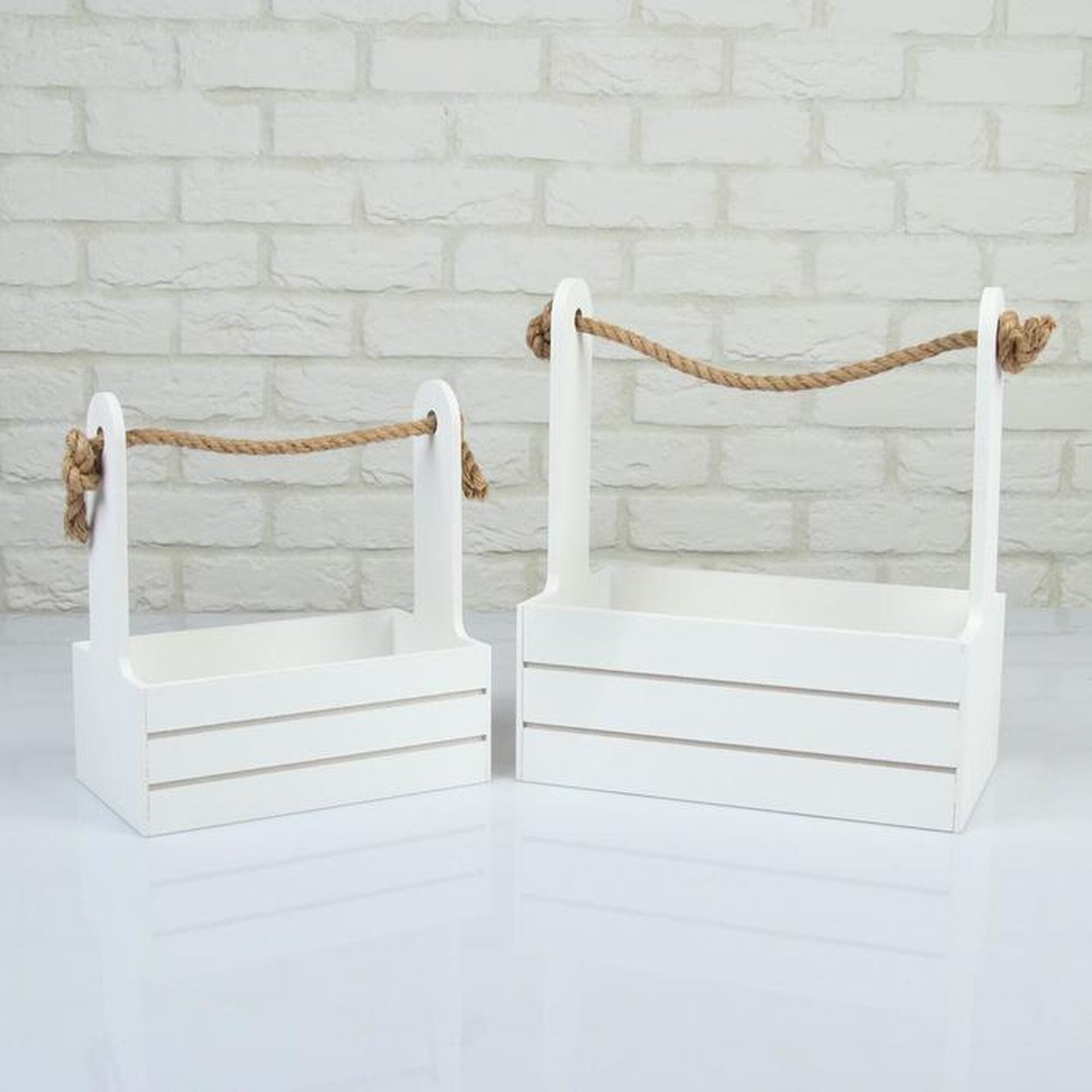 Набор кашпо деревянных 2 в 1 (25×15×30; 21×12×23 см) "Dear", ручка канат, белый