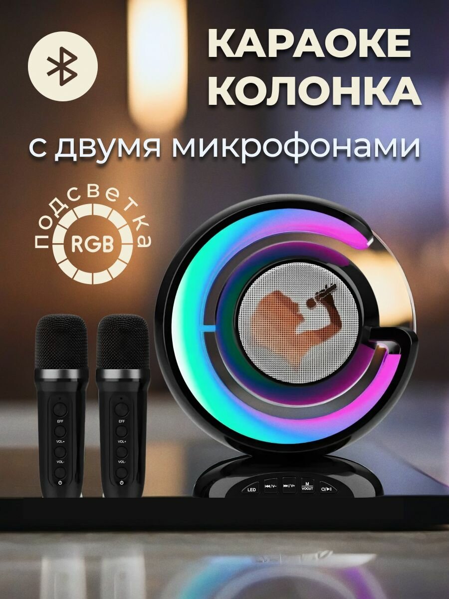 Беспроводная караоке-колонка с Bluetooth и двумя микрофонами, черная