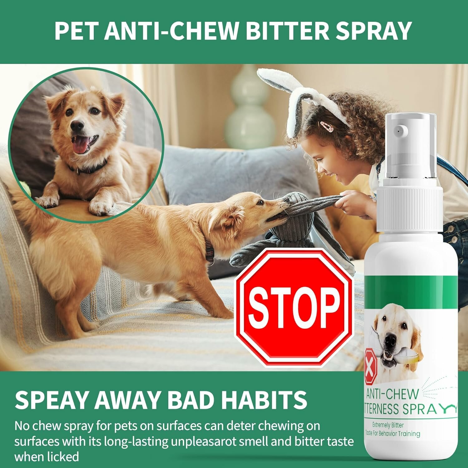 Горький яблочный спрей для собак, эффективный и безопасный спрей против жевания для собак, 30 мл природы без жевательного спрей для собак, без алкоголя и безжалостного, горький спрей для