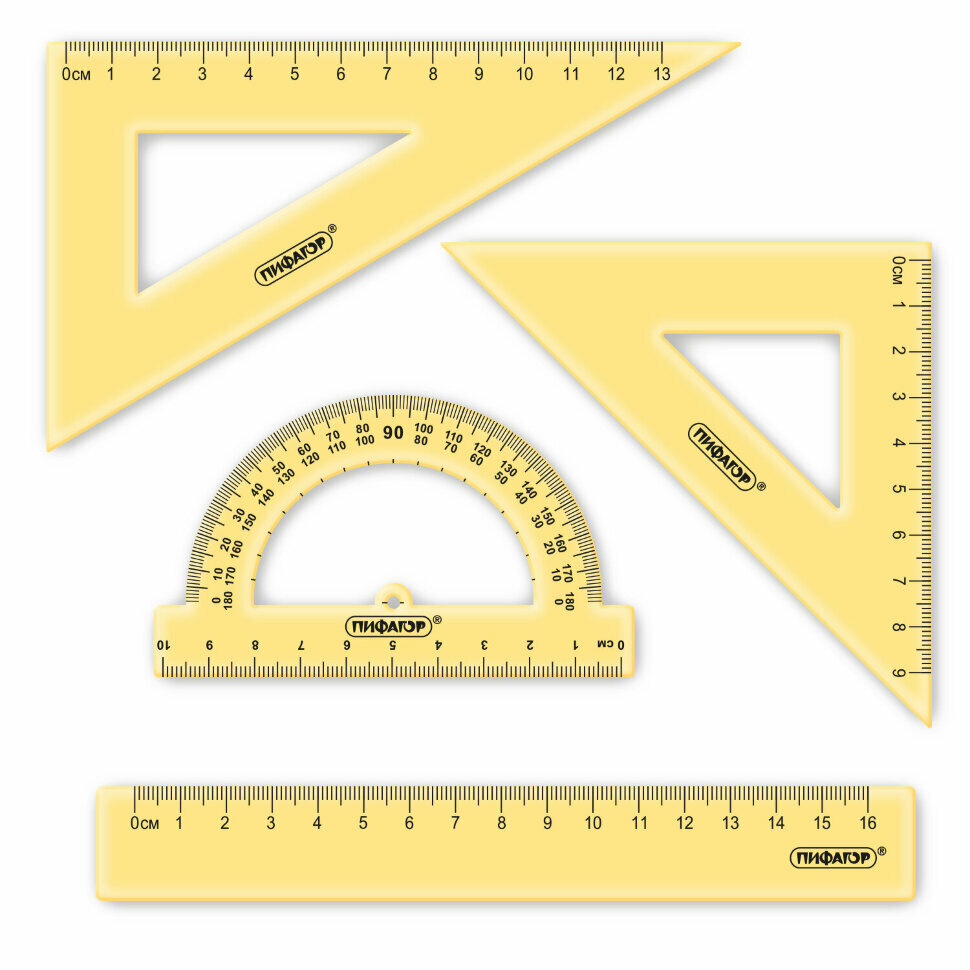 Набор чертежный пифагор (линейка 16 см, 2 треугольника, транспортир), неоновый, прозрачный, ассорти, 210851, 210851