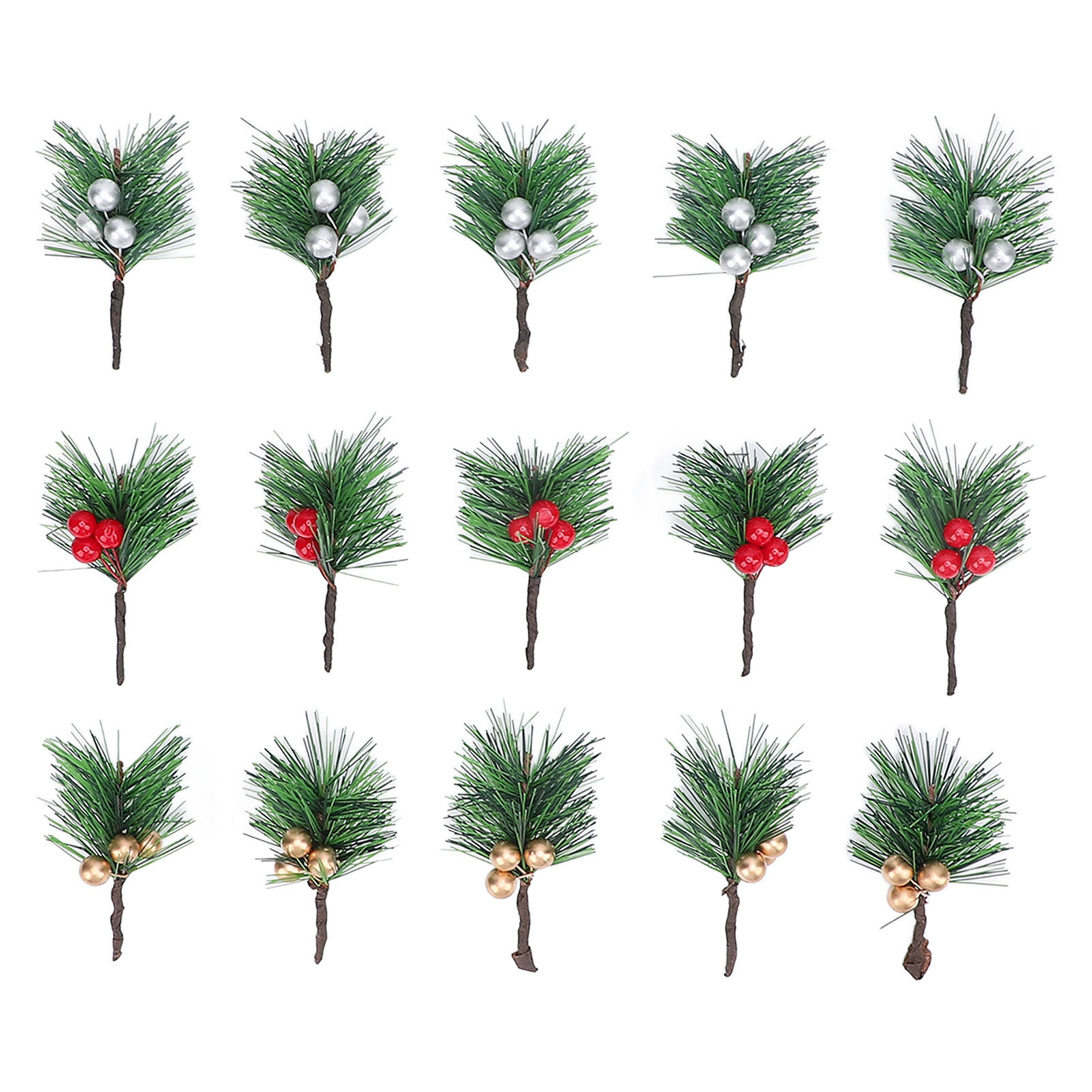 15 штук искусственных сосновых иголок в виде ягод остролиста, красного, серебристого и золотого цвета, для праздничного украшения.