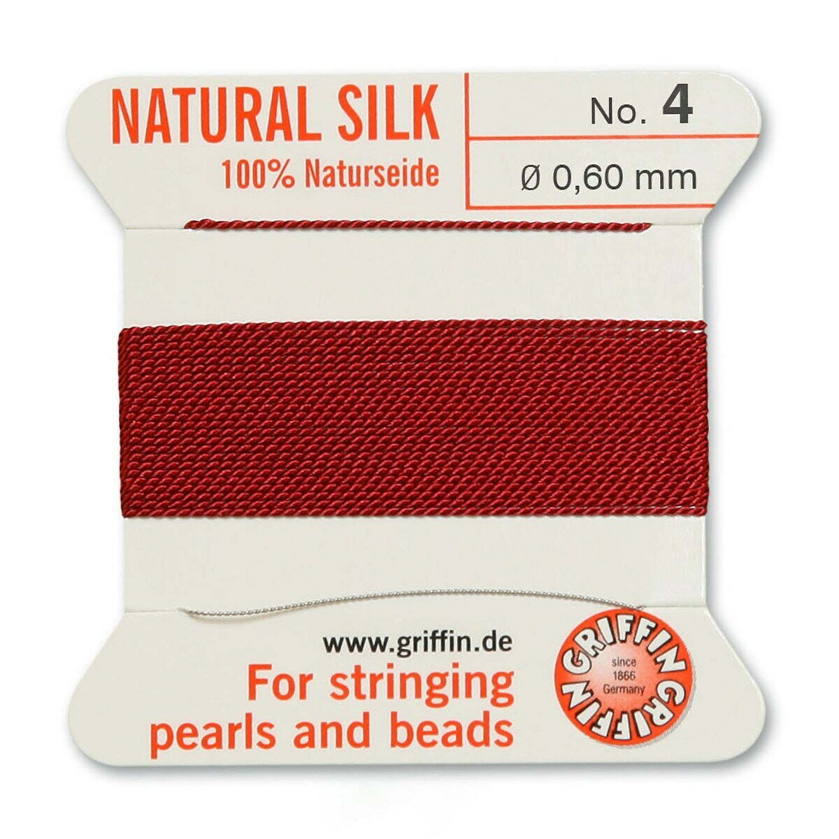 Нить шелковая, Griffin No.4 (0.6мм), бордовая, с иглой, моток, 2 метра