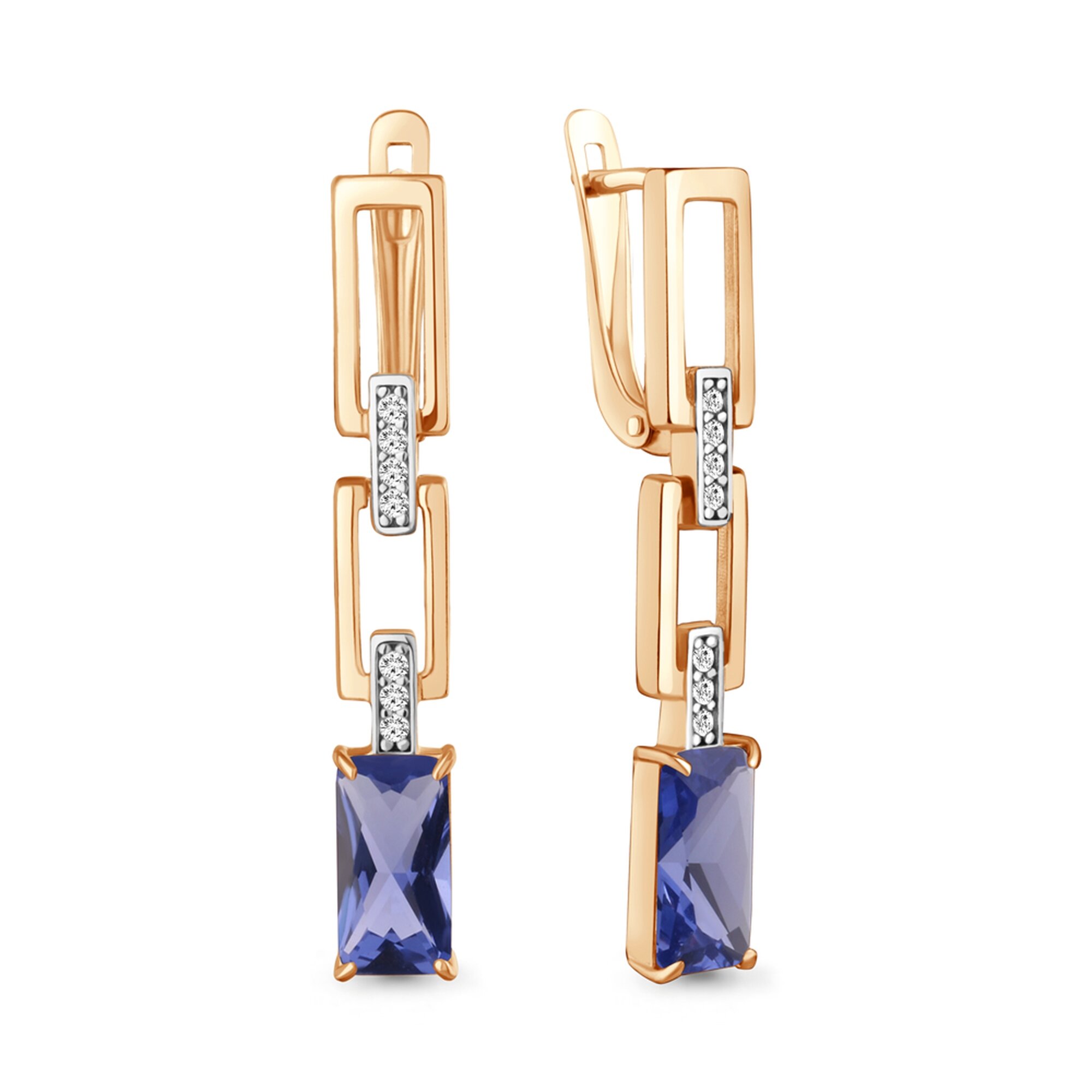 Серьги, серебро, 925 проба, золочение, танзанит, фианит