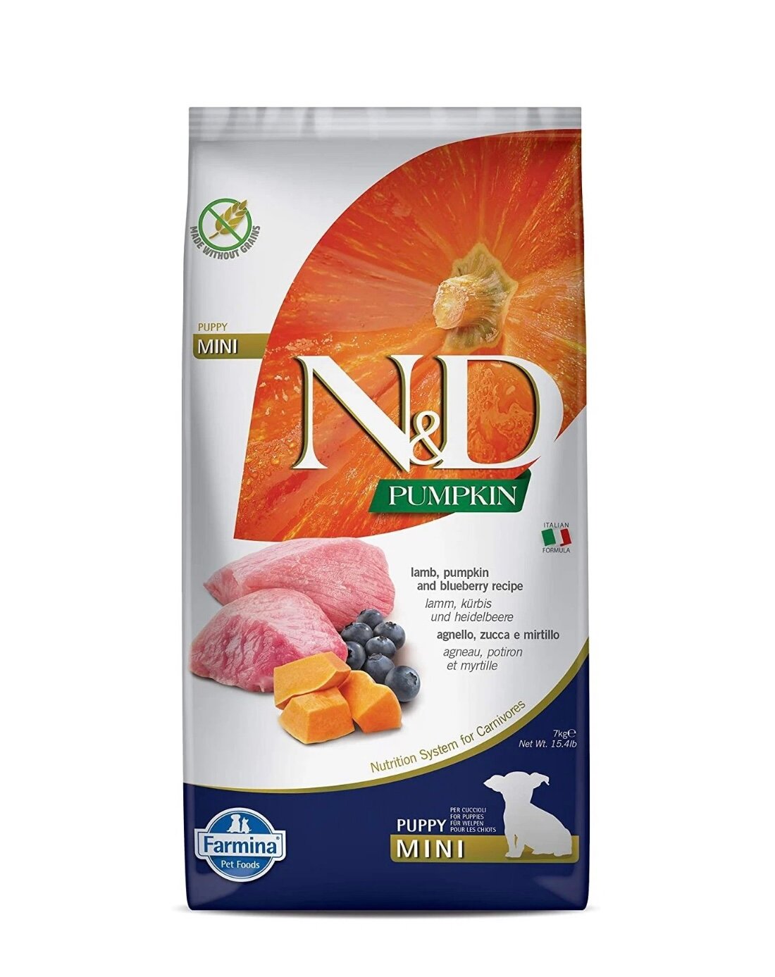 Сухой корм Farmina ND Dog Pumpkin Lamb / Blueberry PUPPY MINI для щенков мелких пород с ягненоком и черникой, 7кг