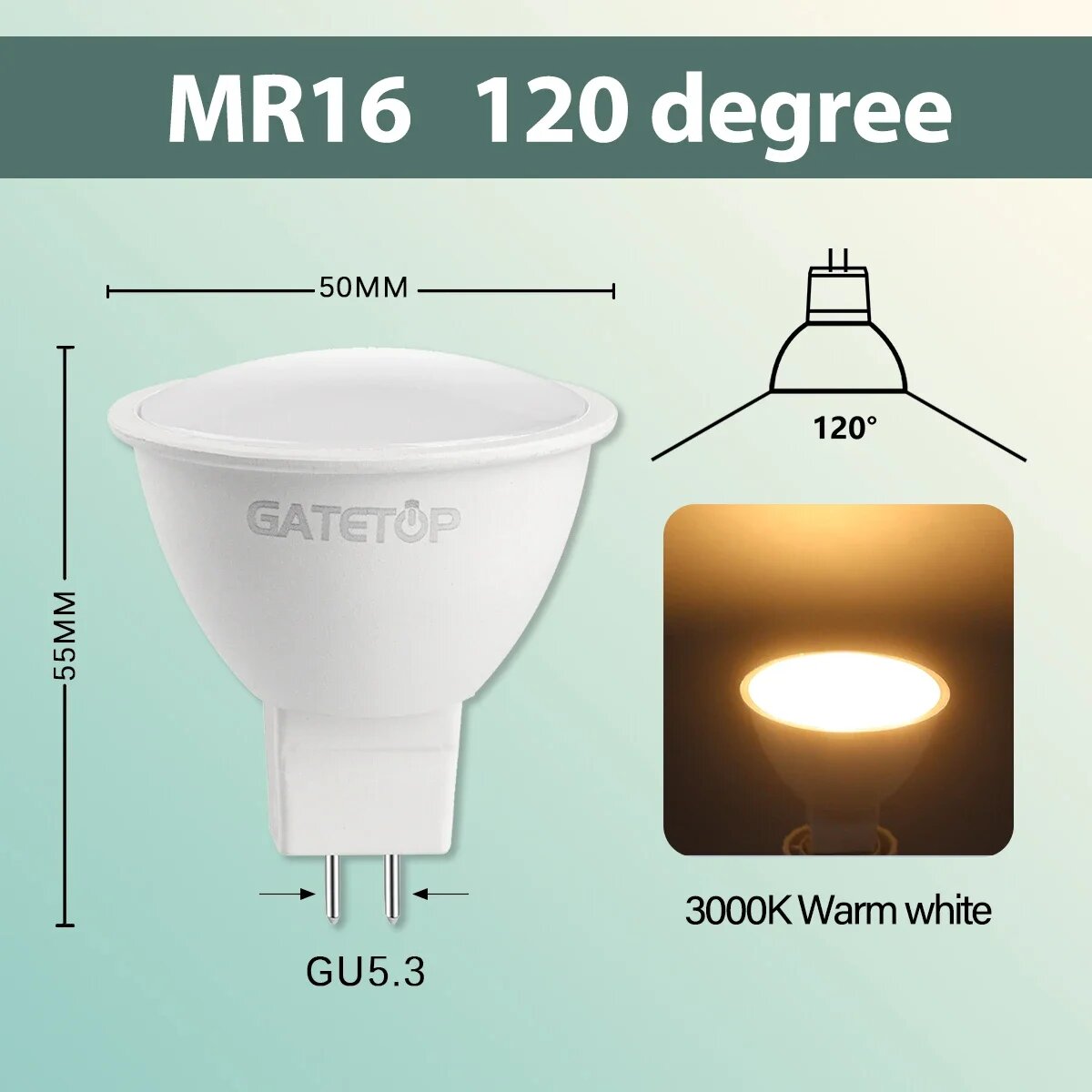 Светодиодные лампы Gatetop MR16 3W 5W 6W 8W 120 degrees 3000K, AC DC 12-24V, 8W