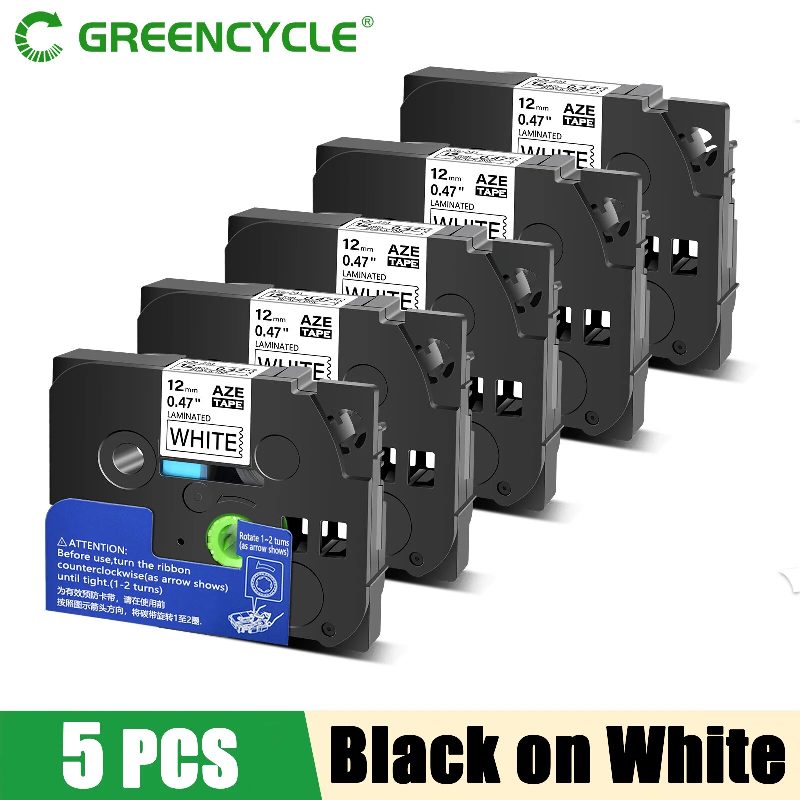 Лента для принтера этикеток GREENCYCLE 12мм, 9мм, Black on White, 5 шт