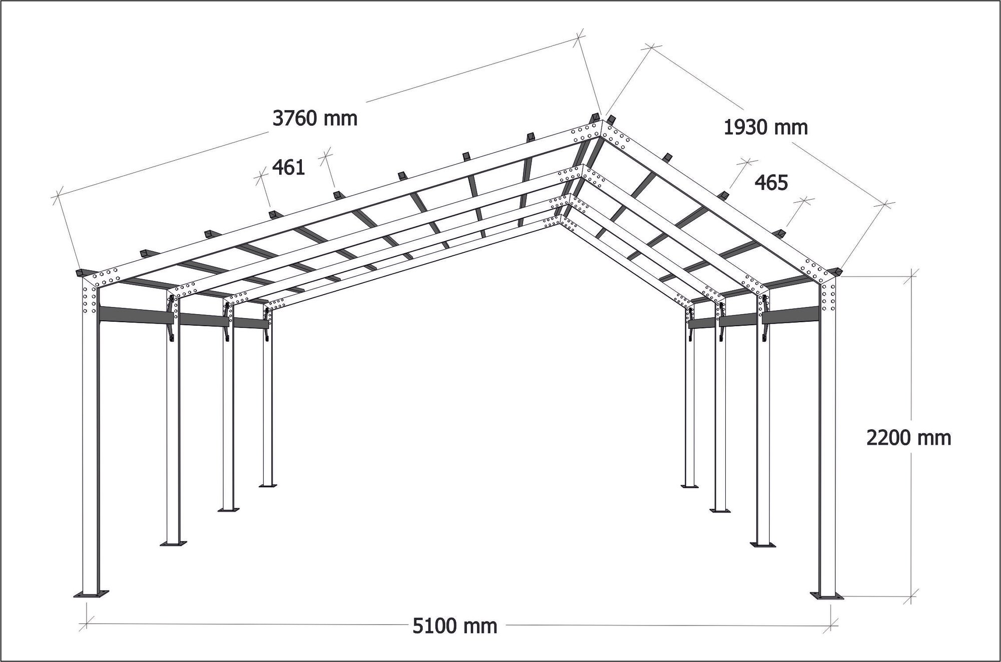 Навес для автомобилей двускатный, сборно-разборный, серый, 6х5 м, без покрытия