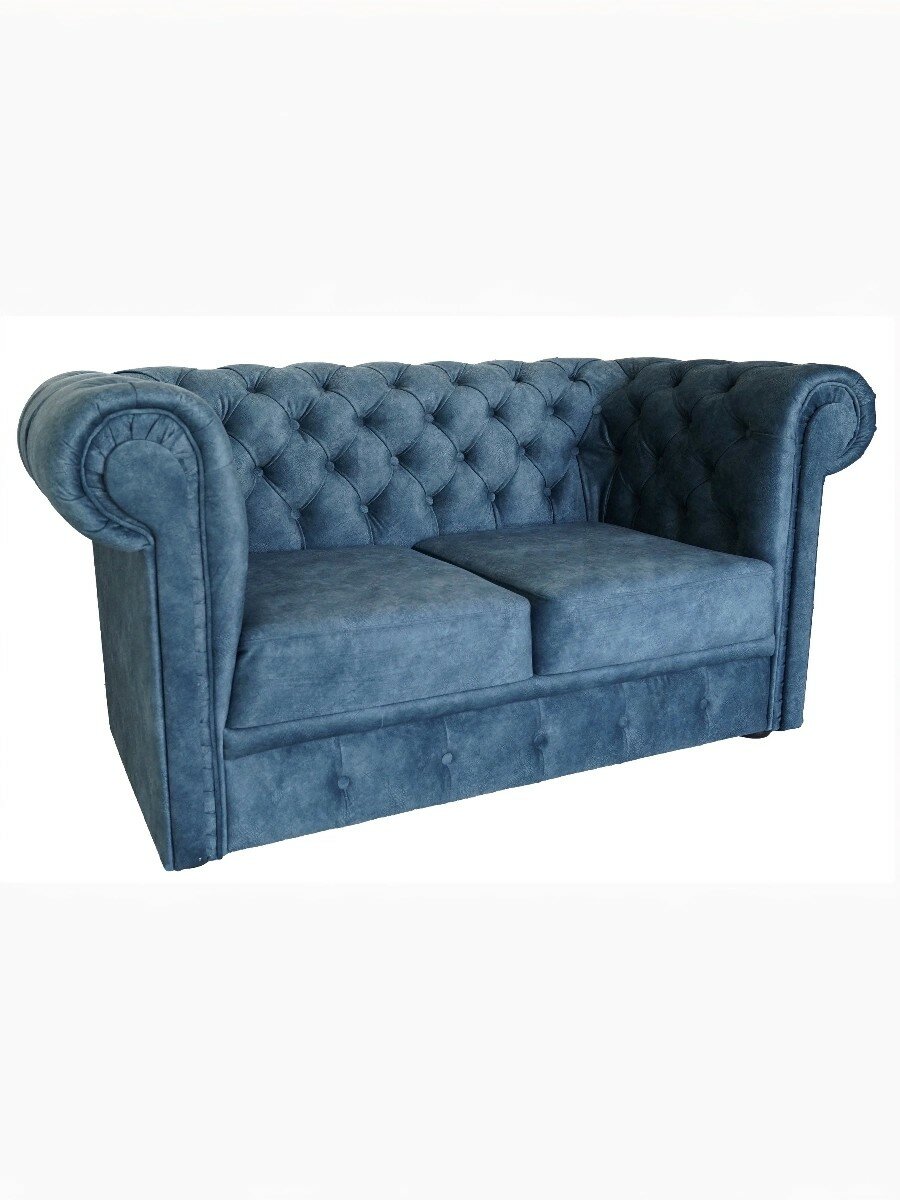 Диван КР Честер двухместный, обивка, велюр синий, с подлокотниками