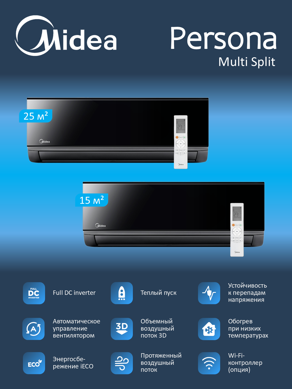 Мульти сплит система Midea Persona MMAG4-09+12N8D0/M2OH-14HFN8 на 4кВт, на 2 комнаты 15 и 25 м2, А, черный